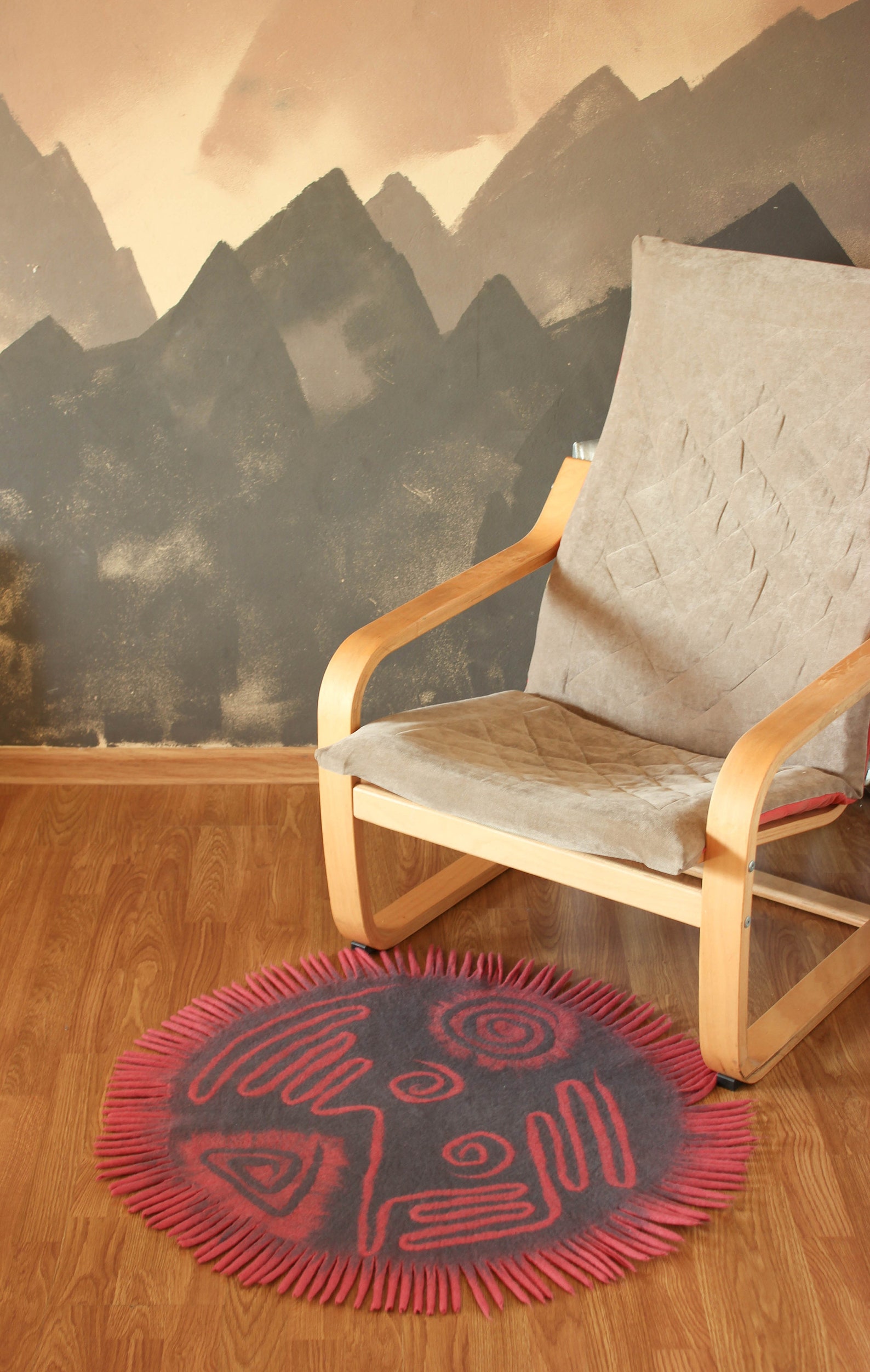 Ethno Tribal Gray Rug Wool Felted Fringe Carpet Circle Area Floor Rug ...
