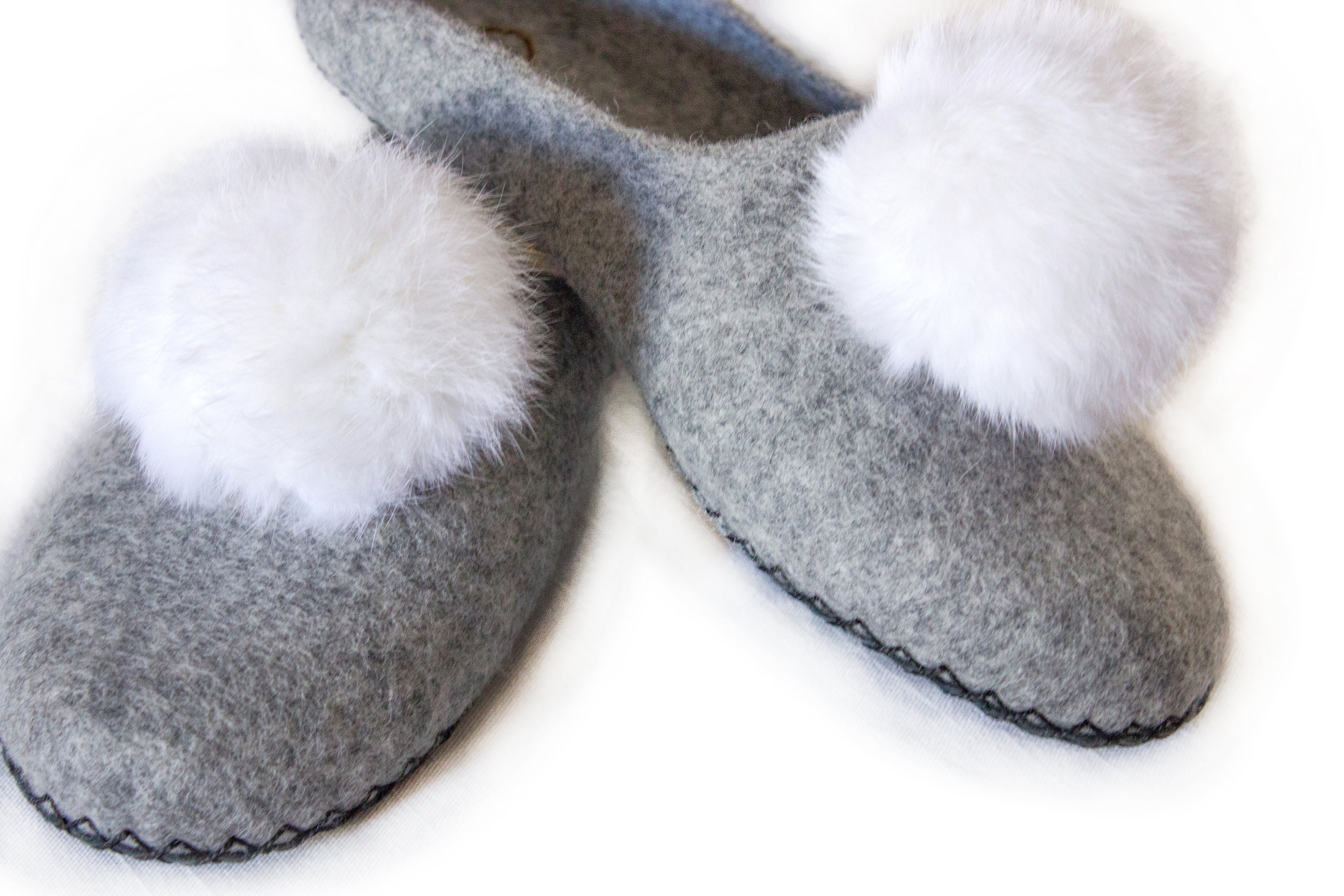 Furry Women Slippers Fuzzy Grey Felted Wool House White Black - Etsy