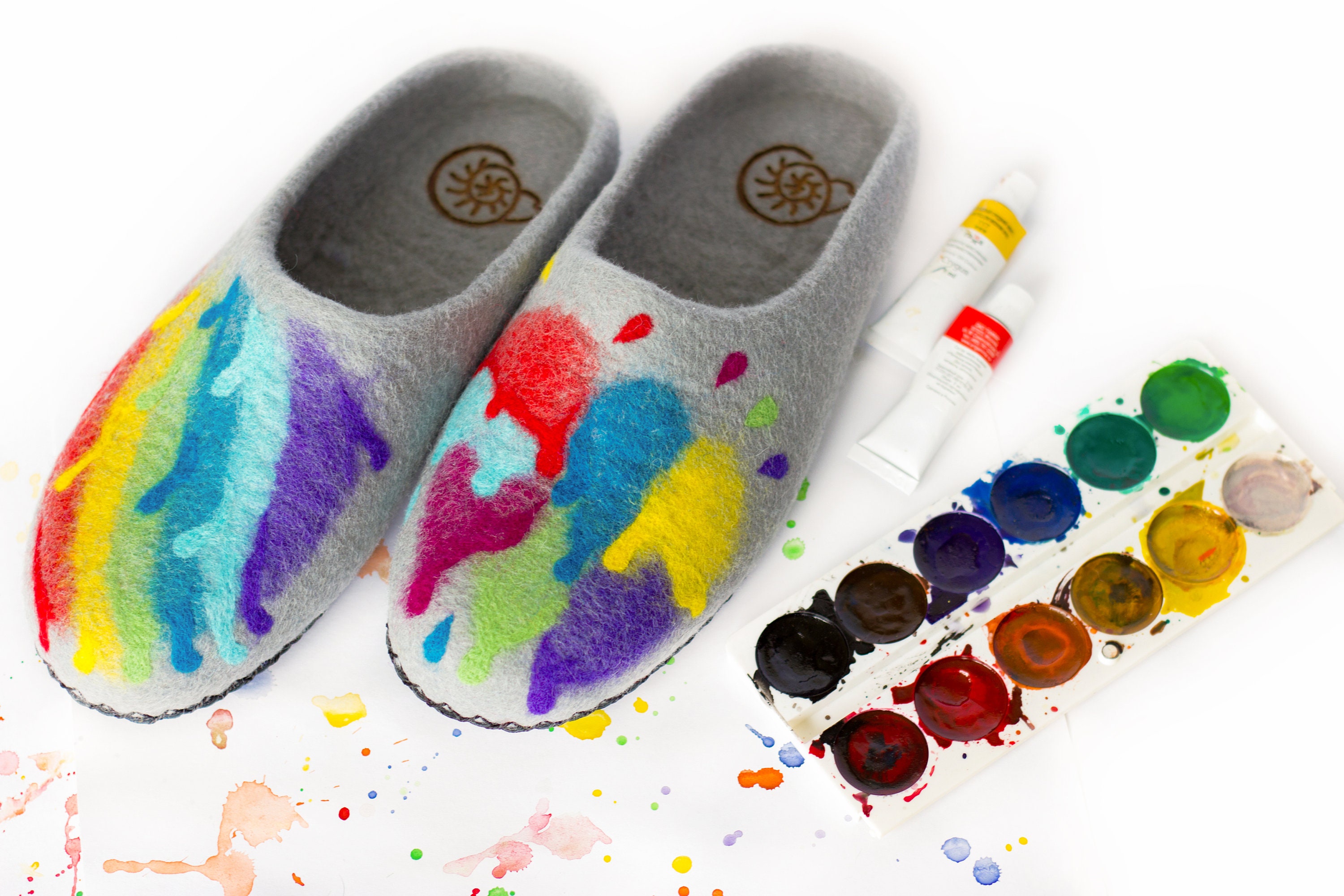 Women Gray Bright Felted Slippers Artist Painter Decorator Watercolor ...