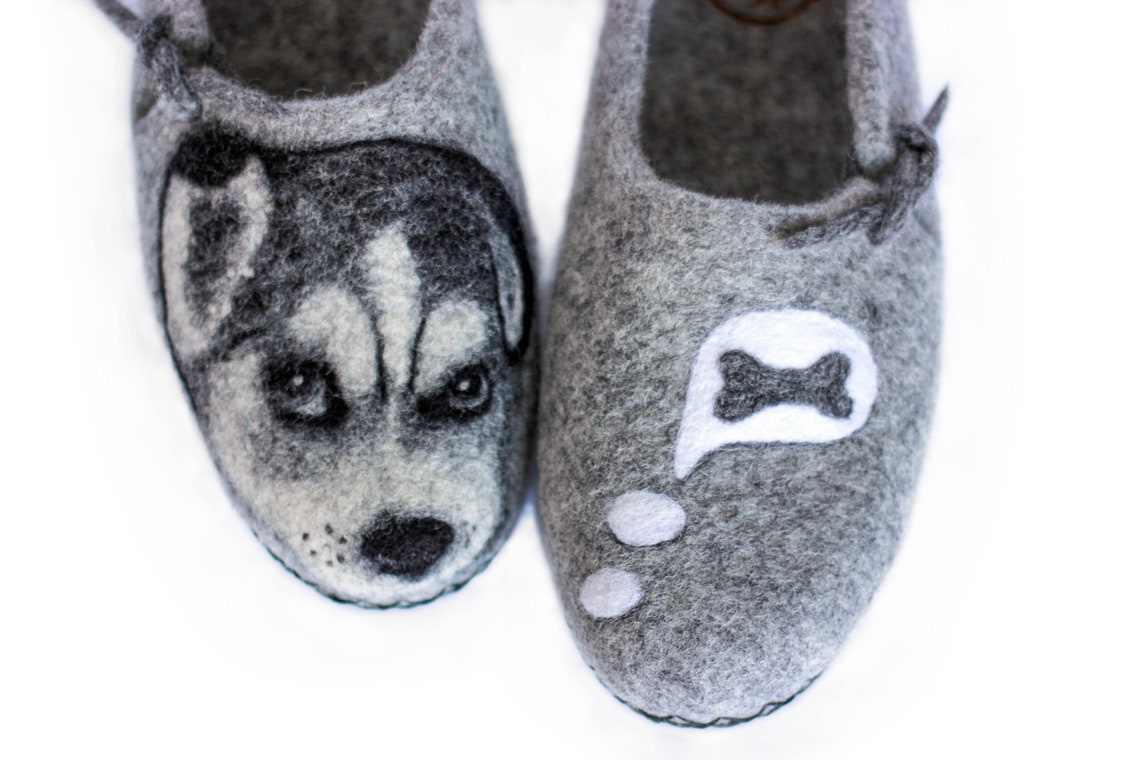 Grey Dog Husky Wool Felted Slippers Animal Shoes Portrait Clogs Pet ...