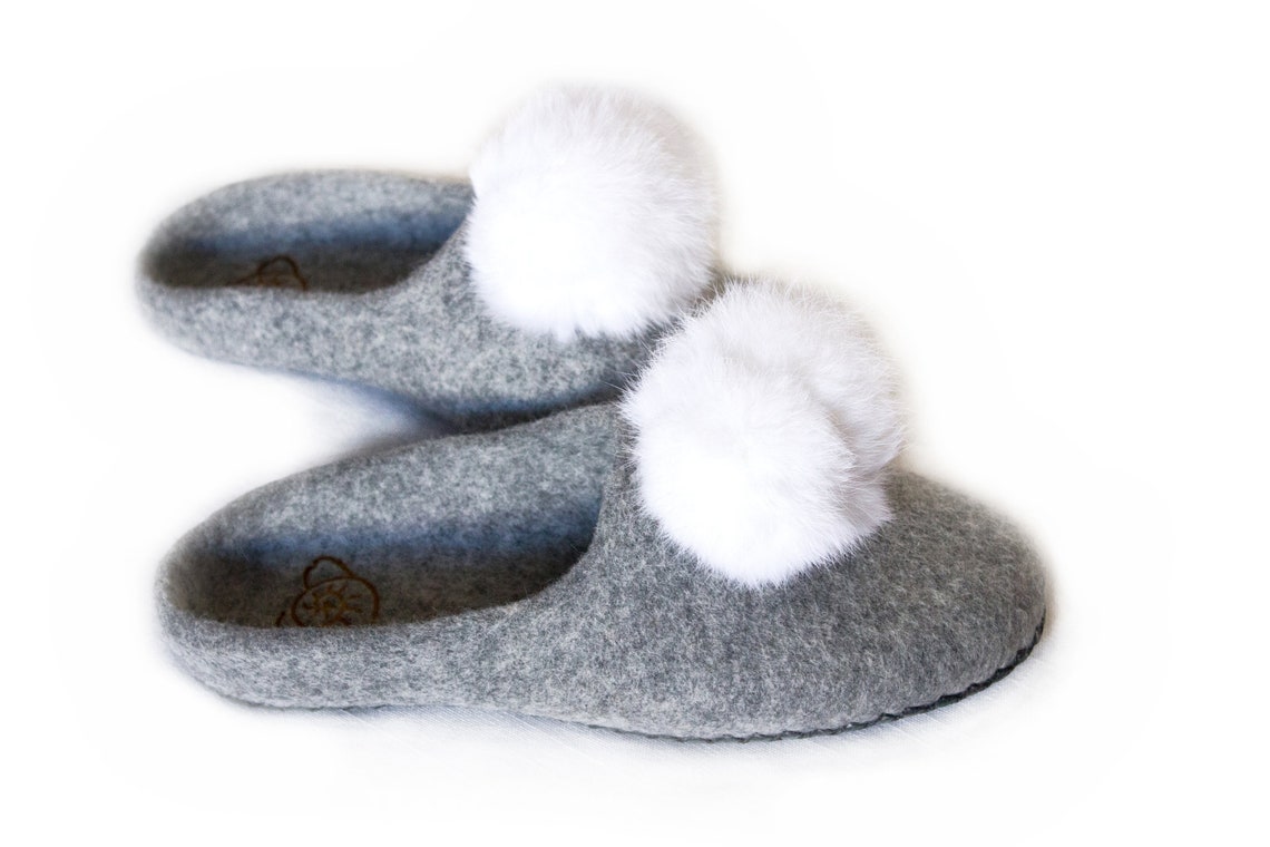 Furry Women Slippers Fuzzy Grey Felted Wool House White Black | Etsy