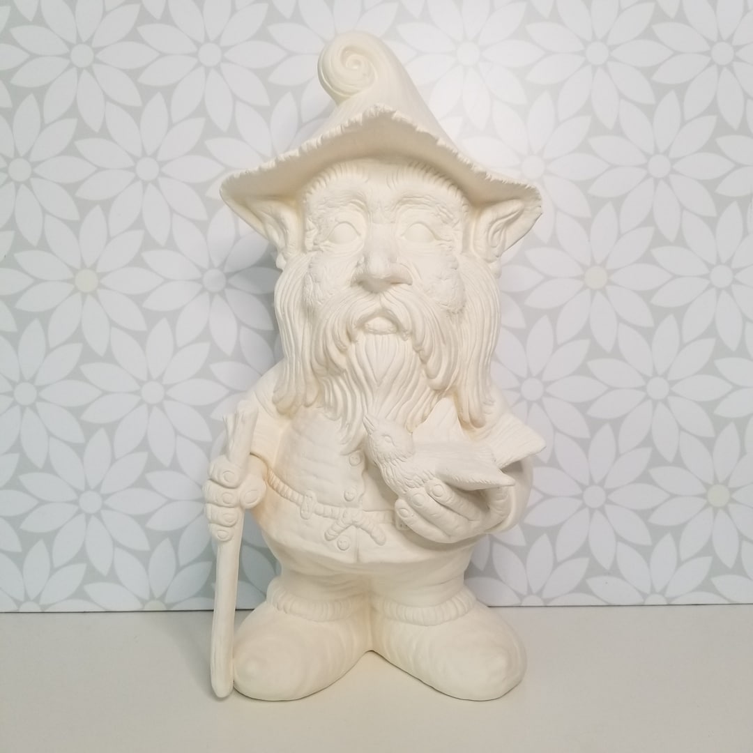 Bisque Gnome With Cane and Bird: Ready to Paint Ceramic Garden Decor - Etsy