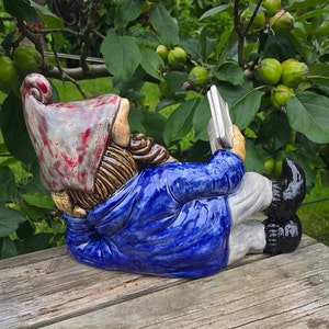 Large Ceramic Garden Gnome Lying Down Reading a Book, Forest Elf, Troll ...