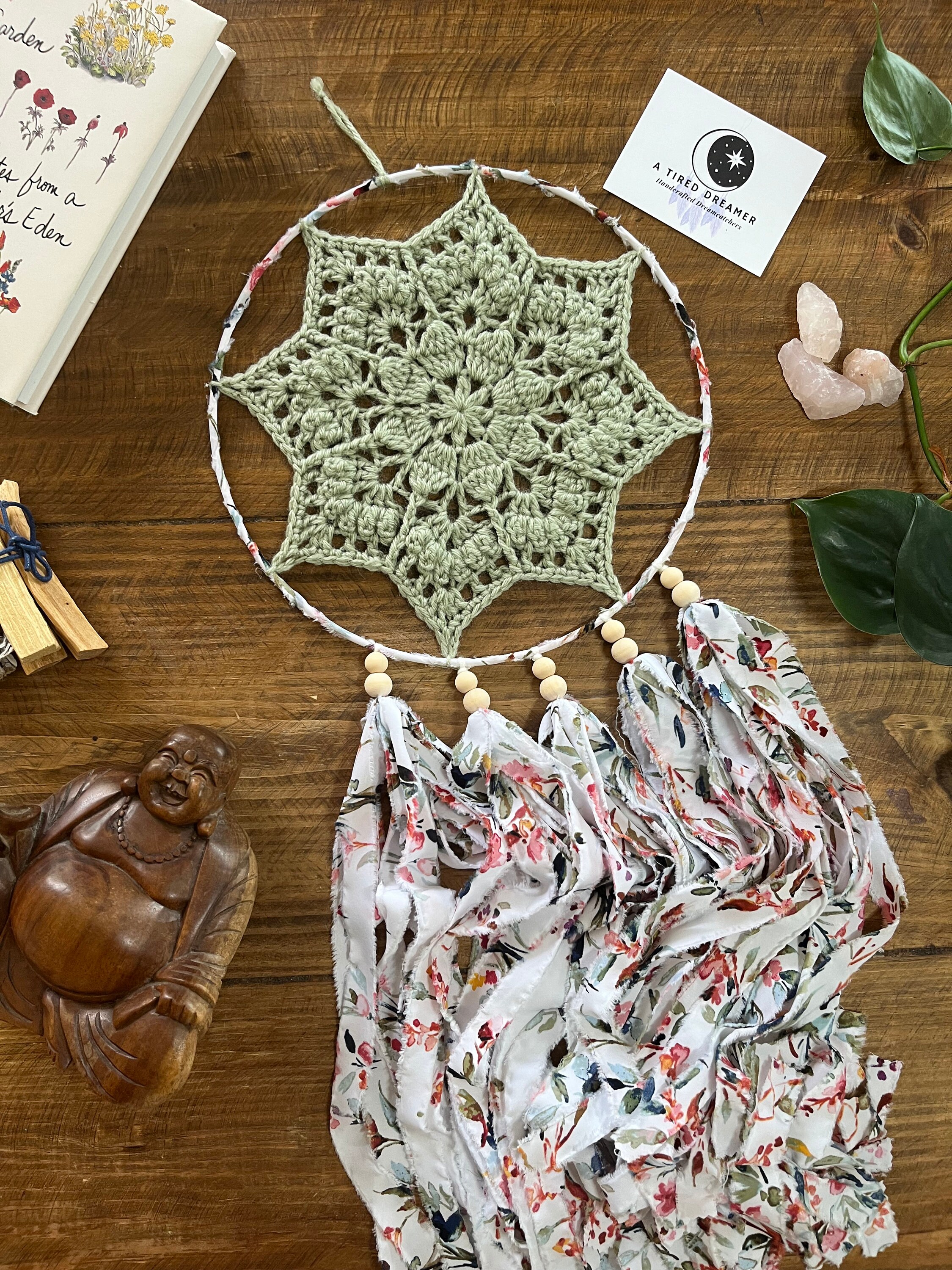 Sage Green Floral Harmony Boho Style Handcrafted Crocheted Dreamcatcher ...