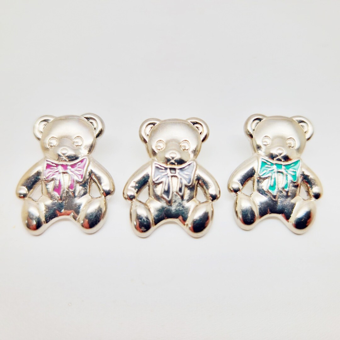 3 X Teddy Bear Metal Pin Badge With Coloured Bow Tie | Pack of Three ...