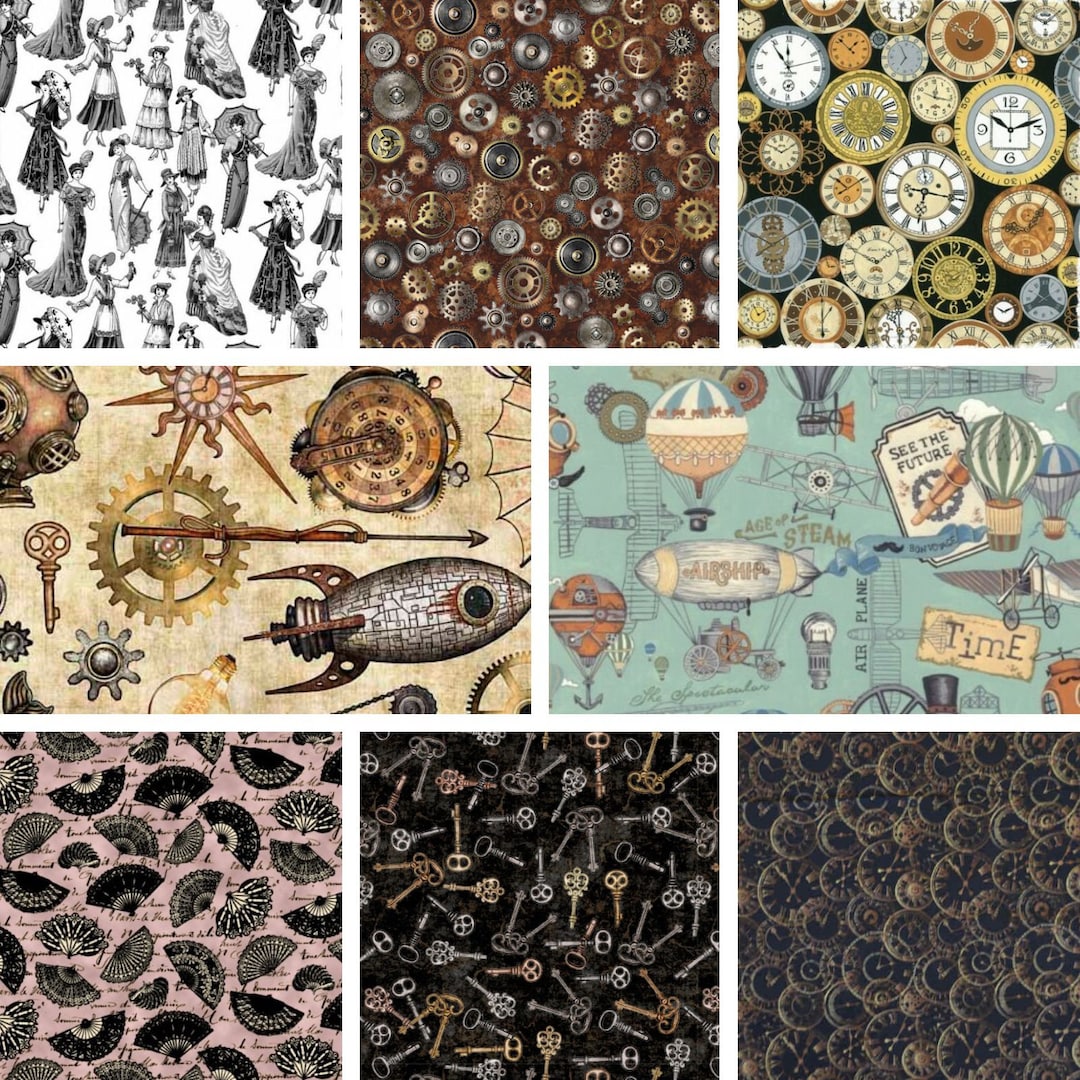 Cotton Fabric Fat Quarters Vintage Clock Ladies Victorian Steampunk ...