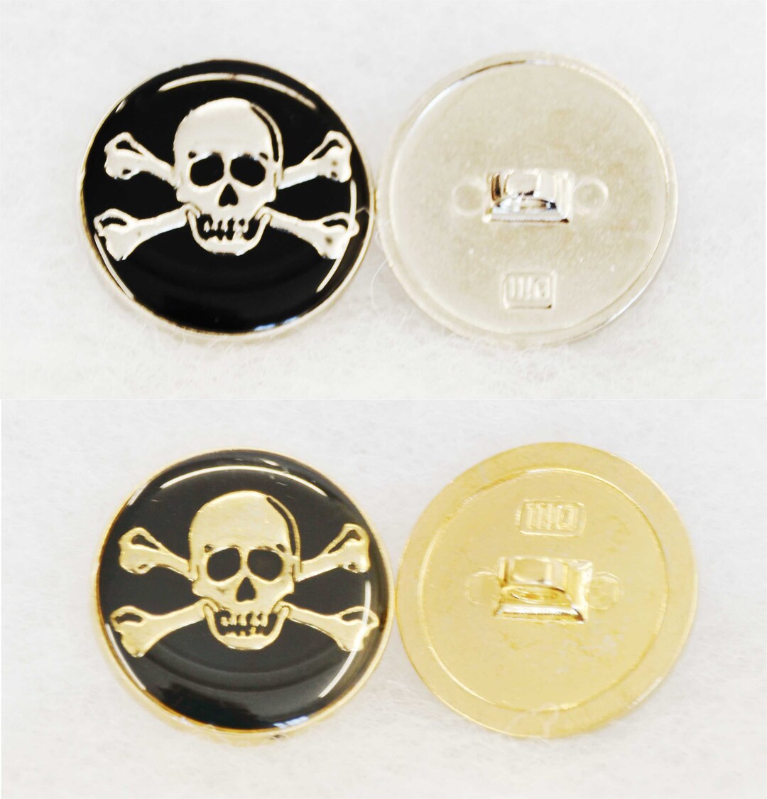 Skull and Crossbones Buttons, Gold or Silver Metallic Skull on Black ...
