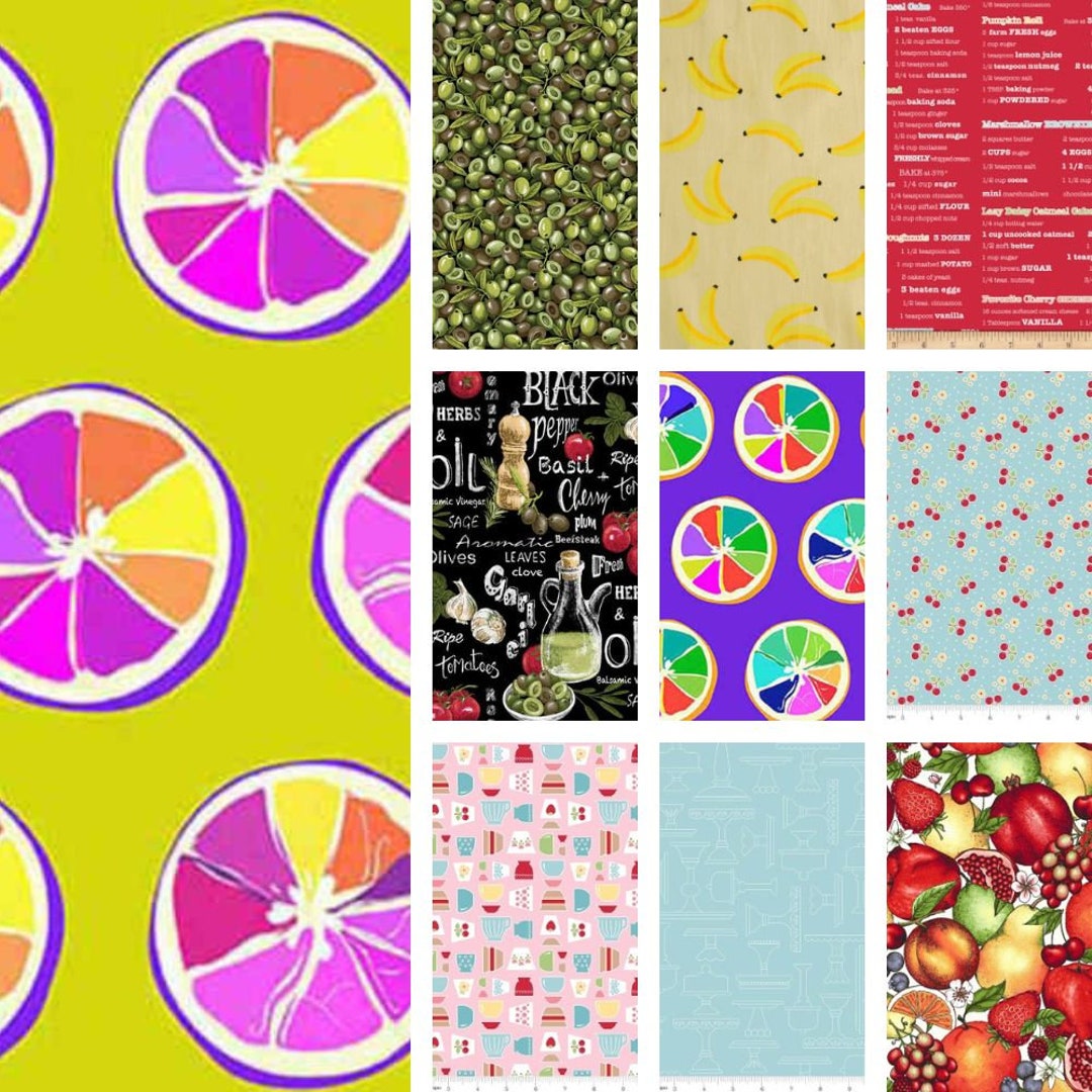 Food Fabric Fruit Vegetables Baking FAT QUARTERS Quilt Bunting Sewing ...