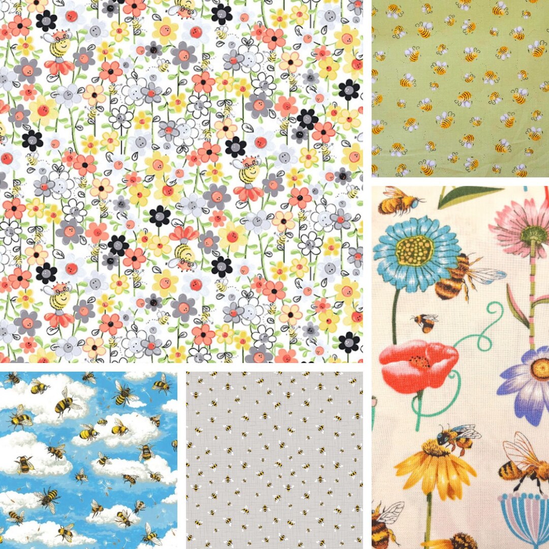 Bee Cotton Fabric Fat Quarters | Bumblebee Bee Floral Flowers ...
