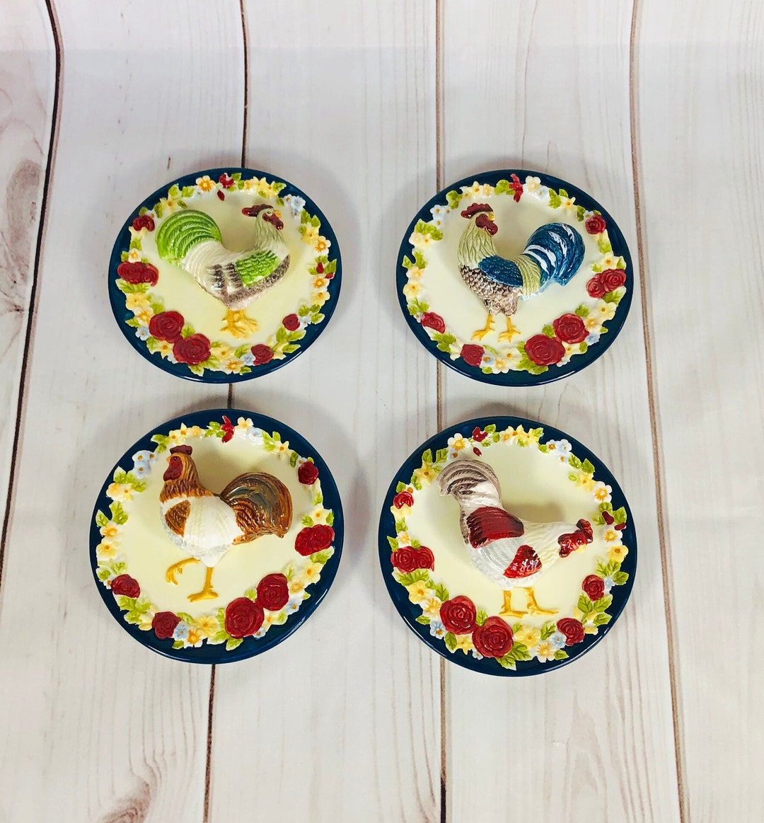 MWW Market 4 Mini Round Rooster Plates 4 1/2 Embossed Raised With Wall ...