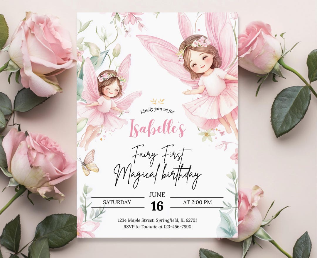 Fairy First Birthday Invitation Template, Pink Fairy Invite, Printable ...