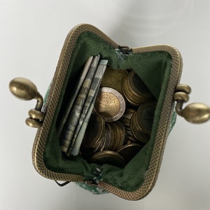 Retro Coin Purse With Small White Flowers on a Green Background, Metal ...