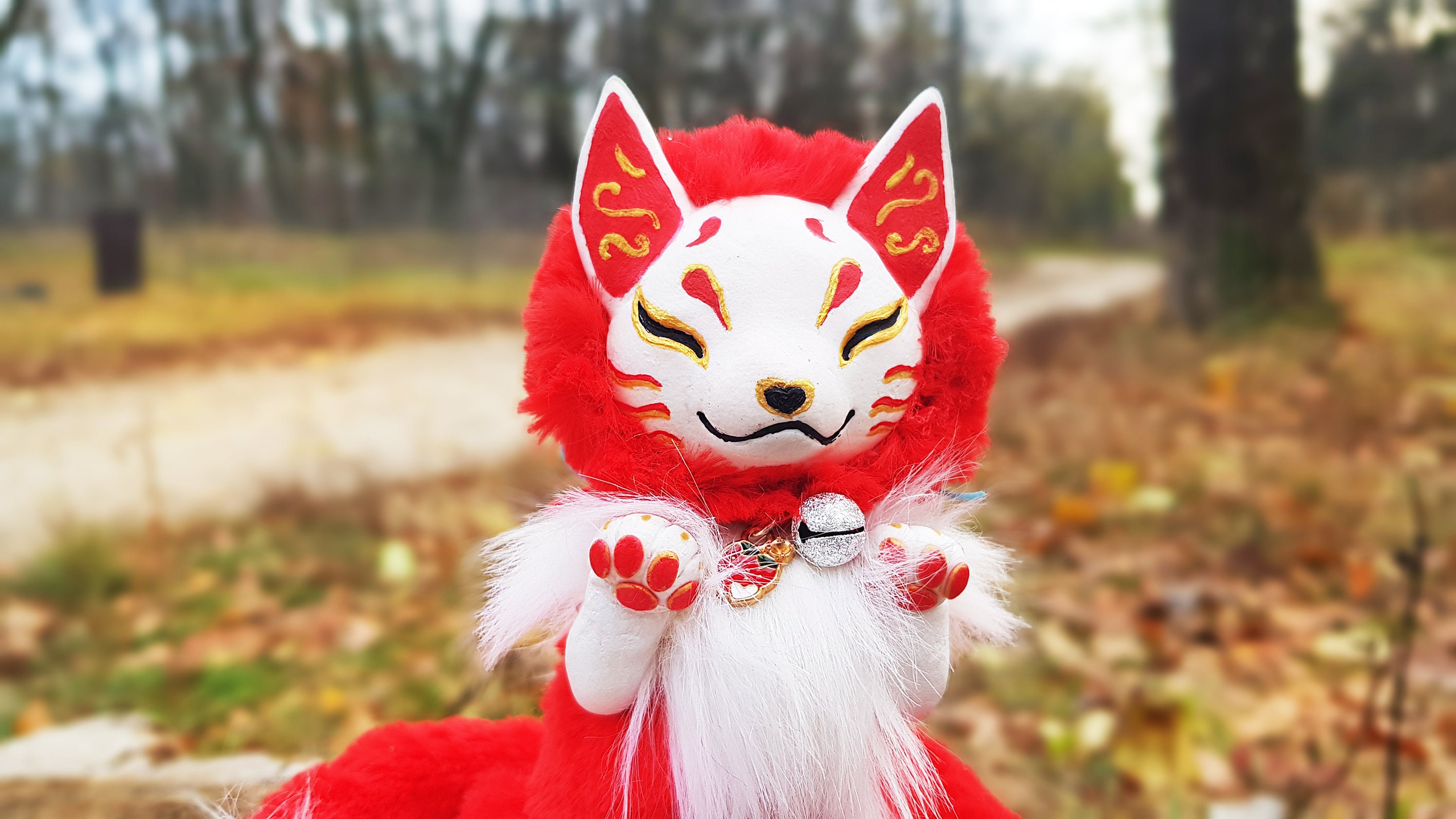 Kitsune Art Doll, Miniature cat, OOAK Kitsune, White and Red Japanese ...