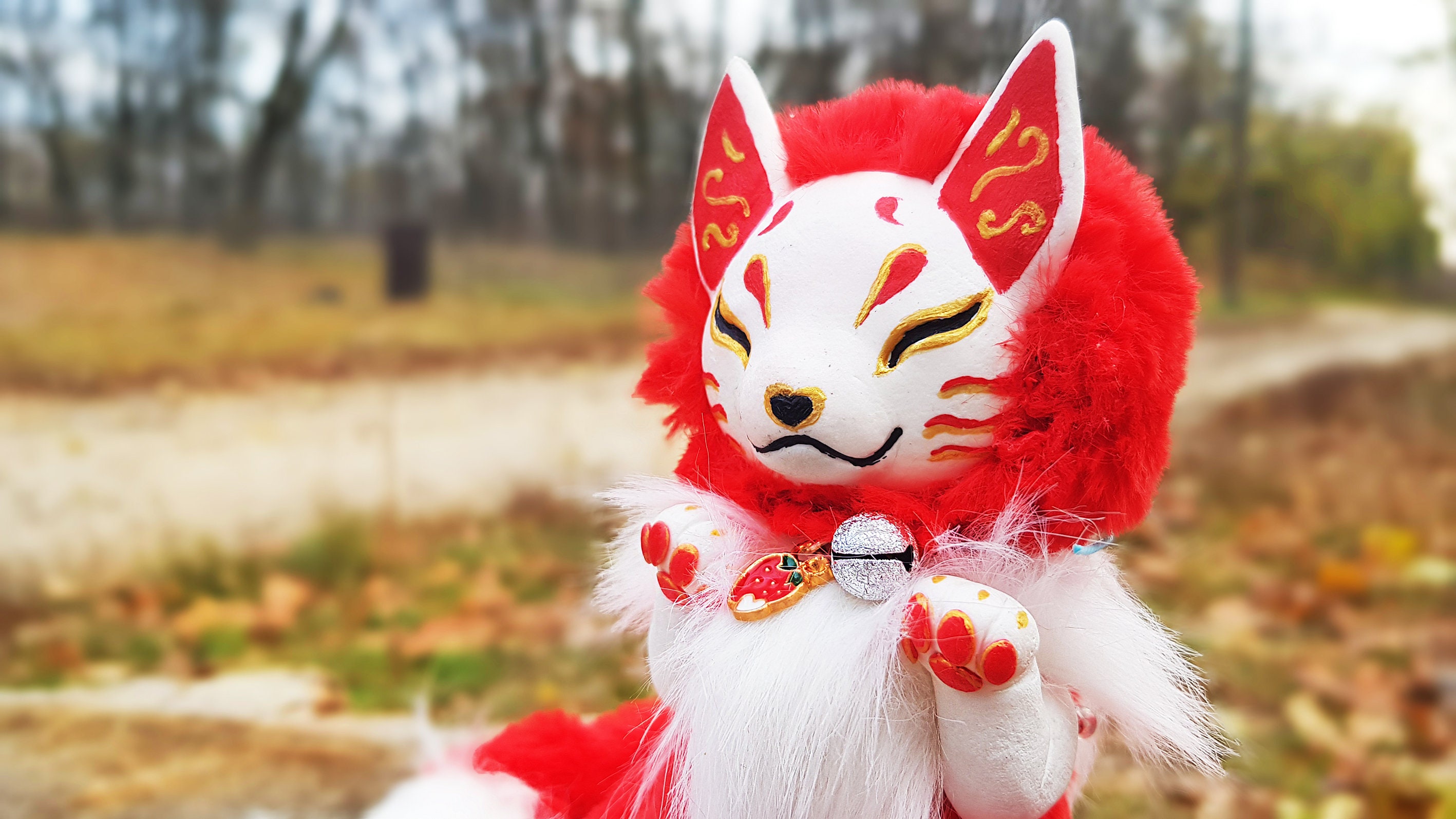 Kitsune Art Doll, Miniature cat, OOAK Kitsune, White and Red Japanese ...