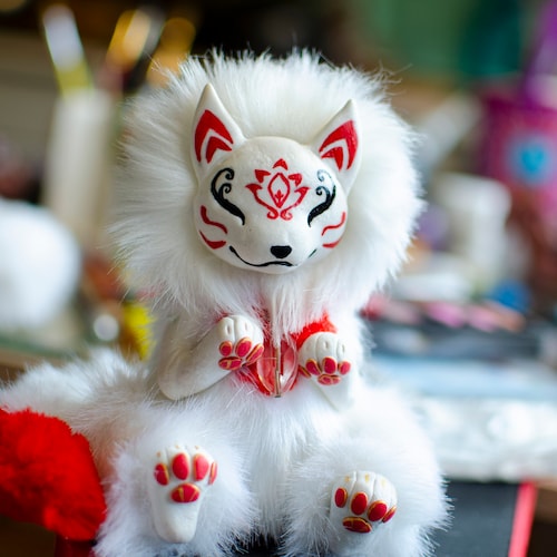 Kitsune Art Doll, Miniature cat, OOAK Kitsune, White and Red Japanese ...