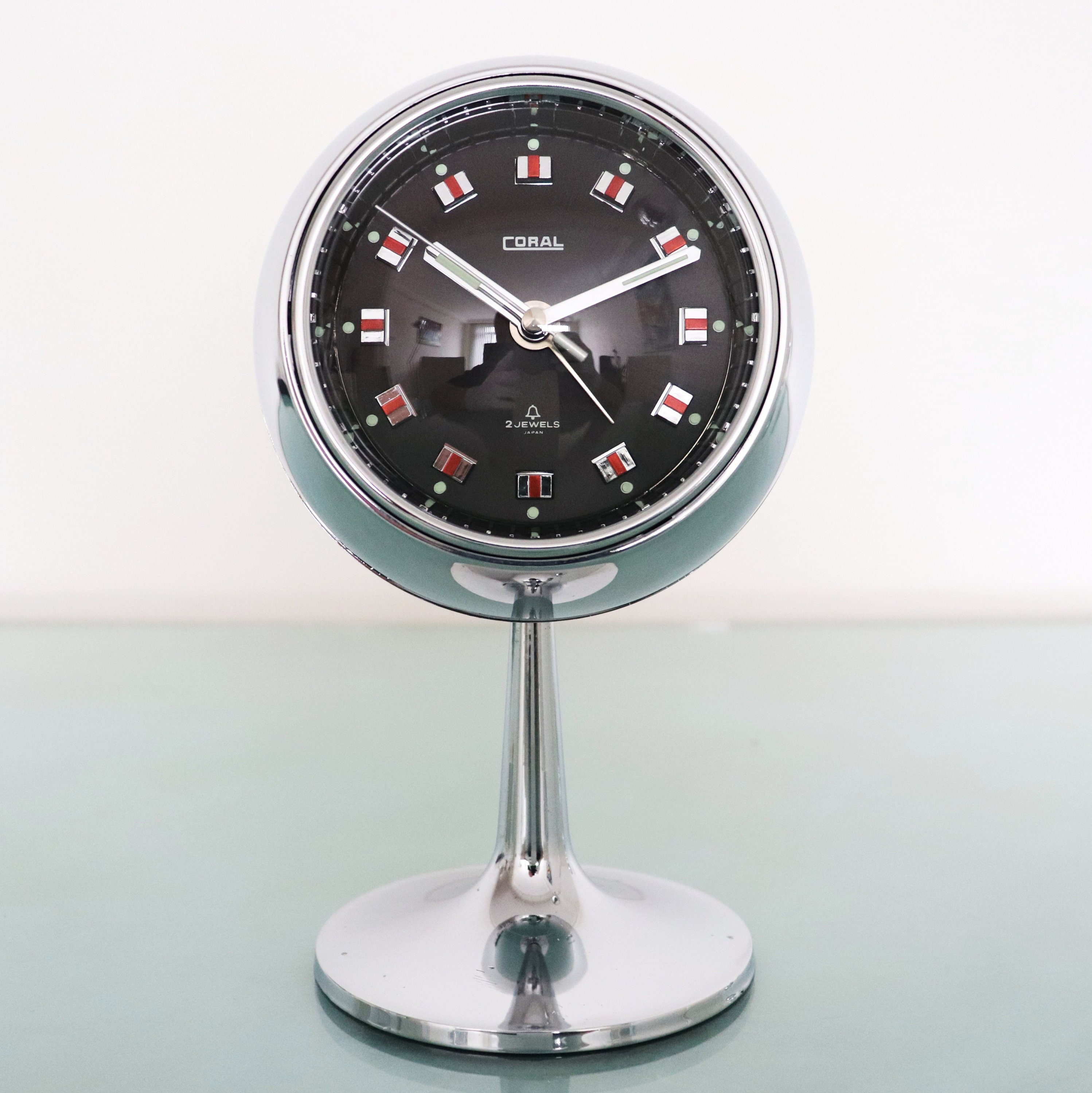 RHYTHM Alarm Mantel Clock Full Chrome Top Space Age BLACK Dial - Etsy