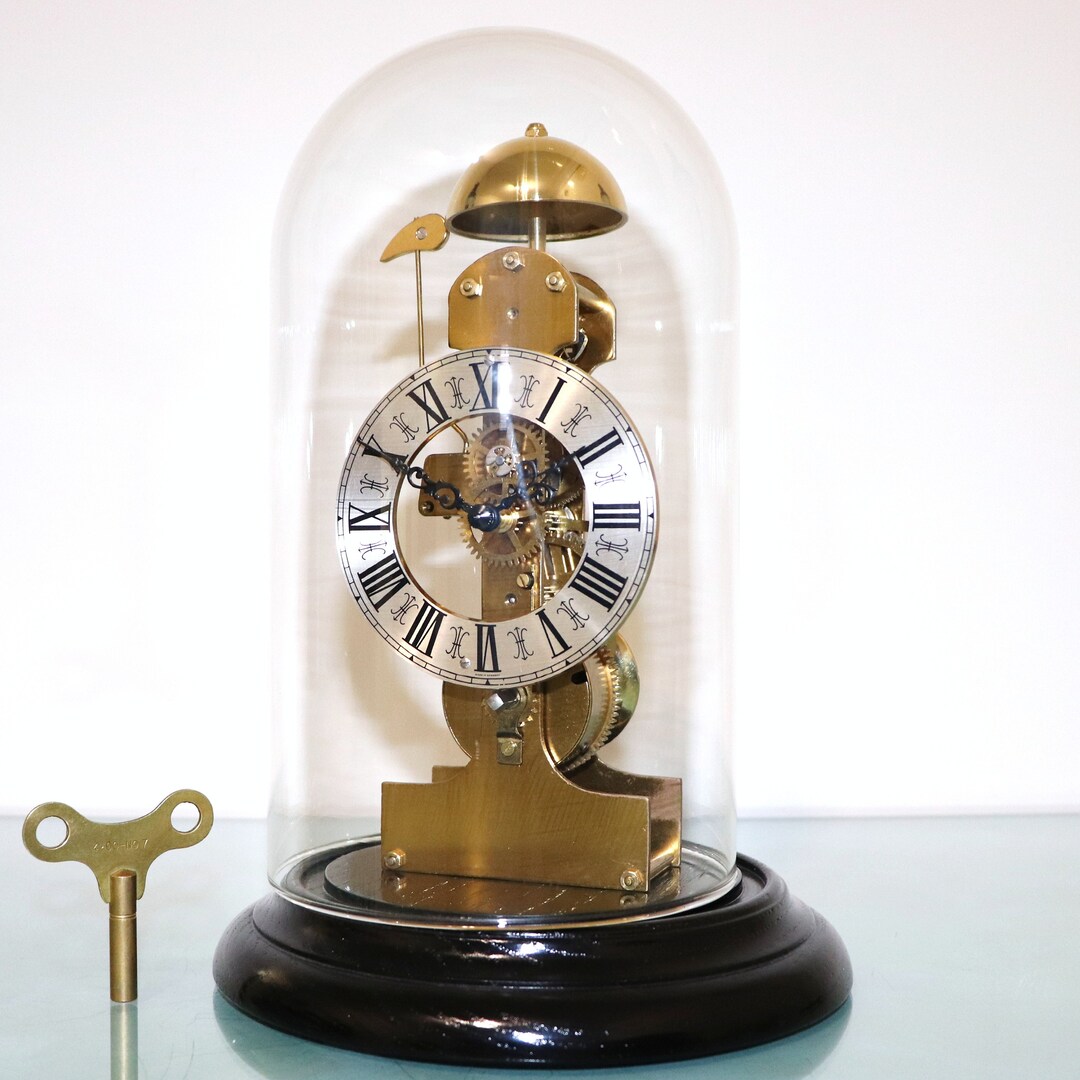 KIENINGER Mantel Top Clock Vintage TRANSLUCENT Glass Dome SKELETON Bell ...