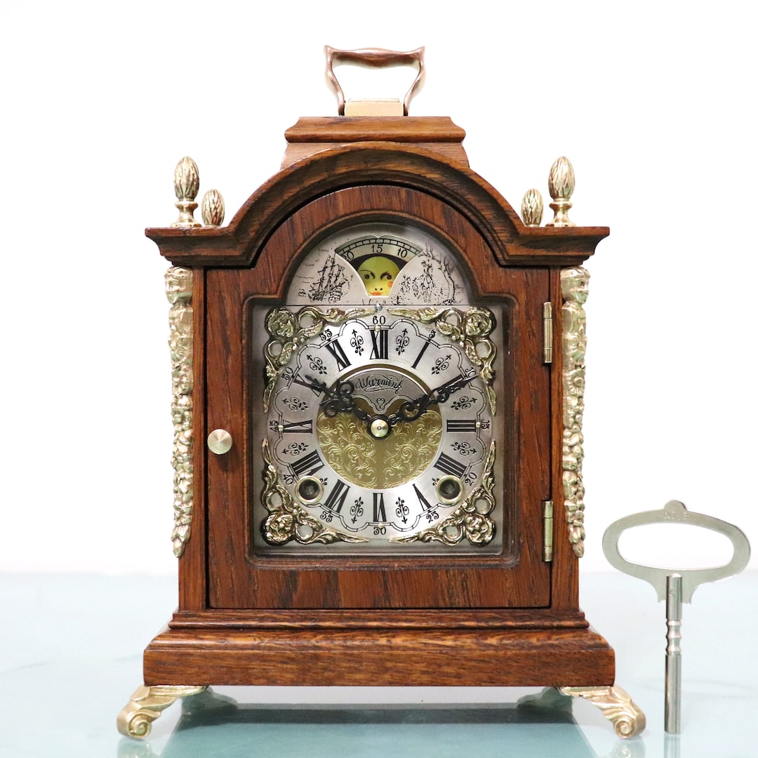 WARMINK Mantel Top Clock Vintage Dutch MOONPHASE! Oak Finish! Double ...