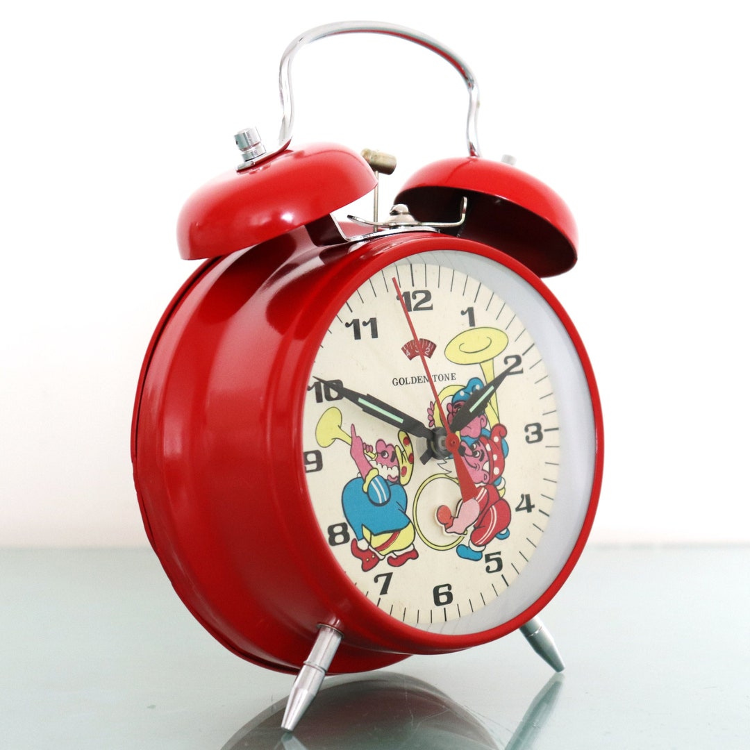 GOLDEN TONE Alarm Mantel Clock Smurfs Vintage ANIMATED Double Bells ...