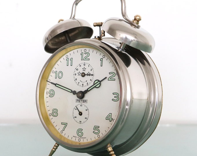 PETER Alarm Mantel Clock Chrome! Vintage DOUBLE BELLS! Germany Restored ...