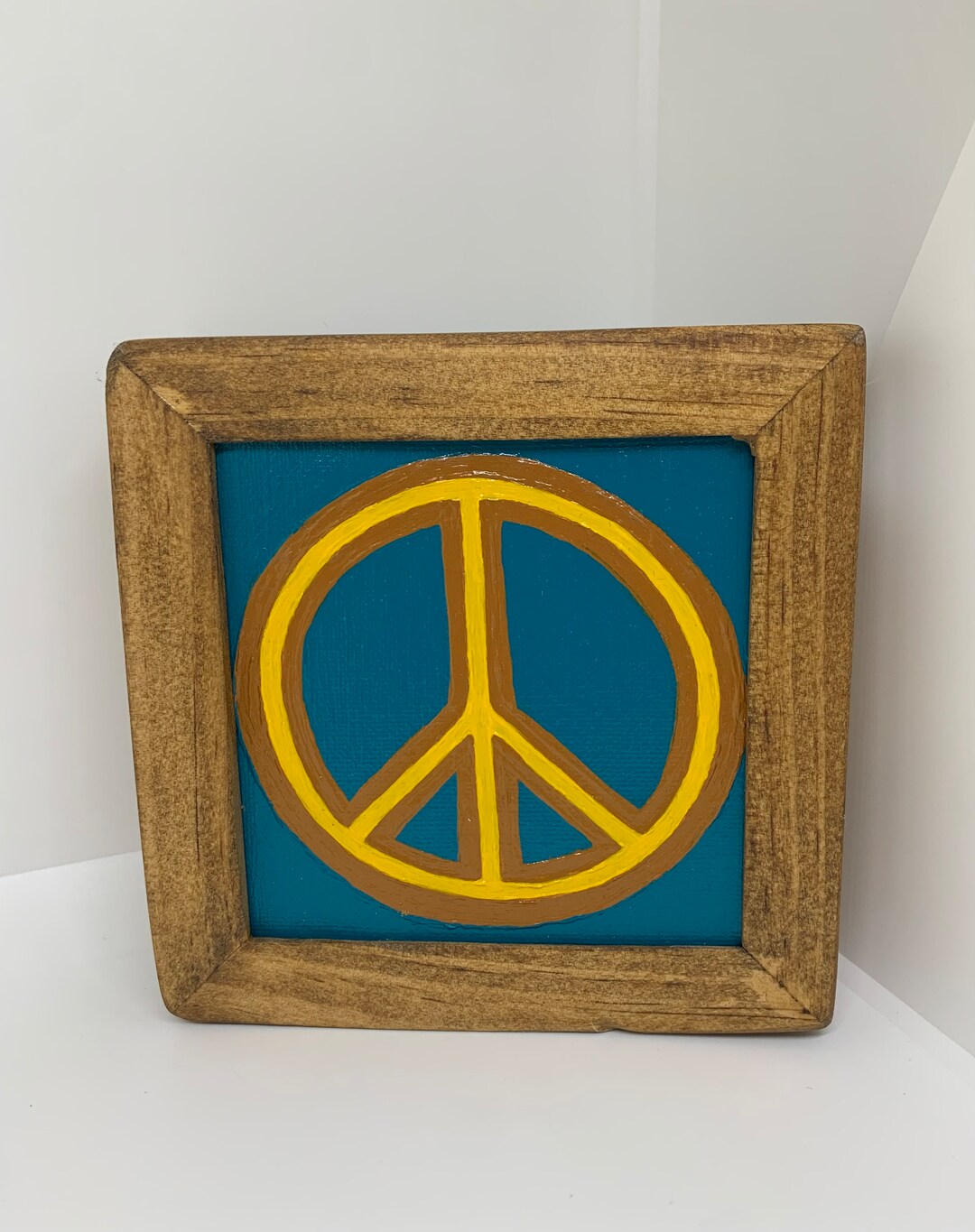 Peace Sign, 4x4, Custom Framed, Teal, Yellow, Brown, Wall Art ...
