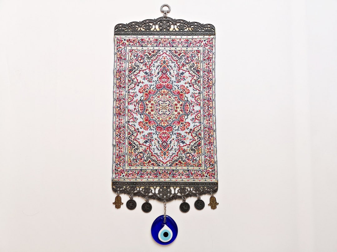 Evil Eye Wall Hanging Miniature Carpet Sky Blue Red Gold Turkish Kilim ...