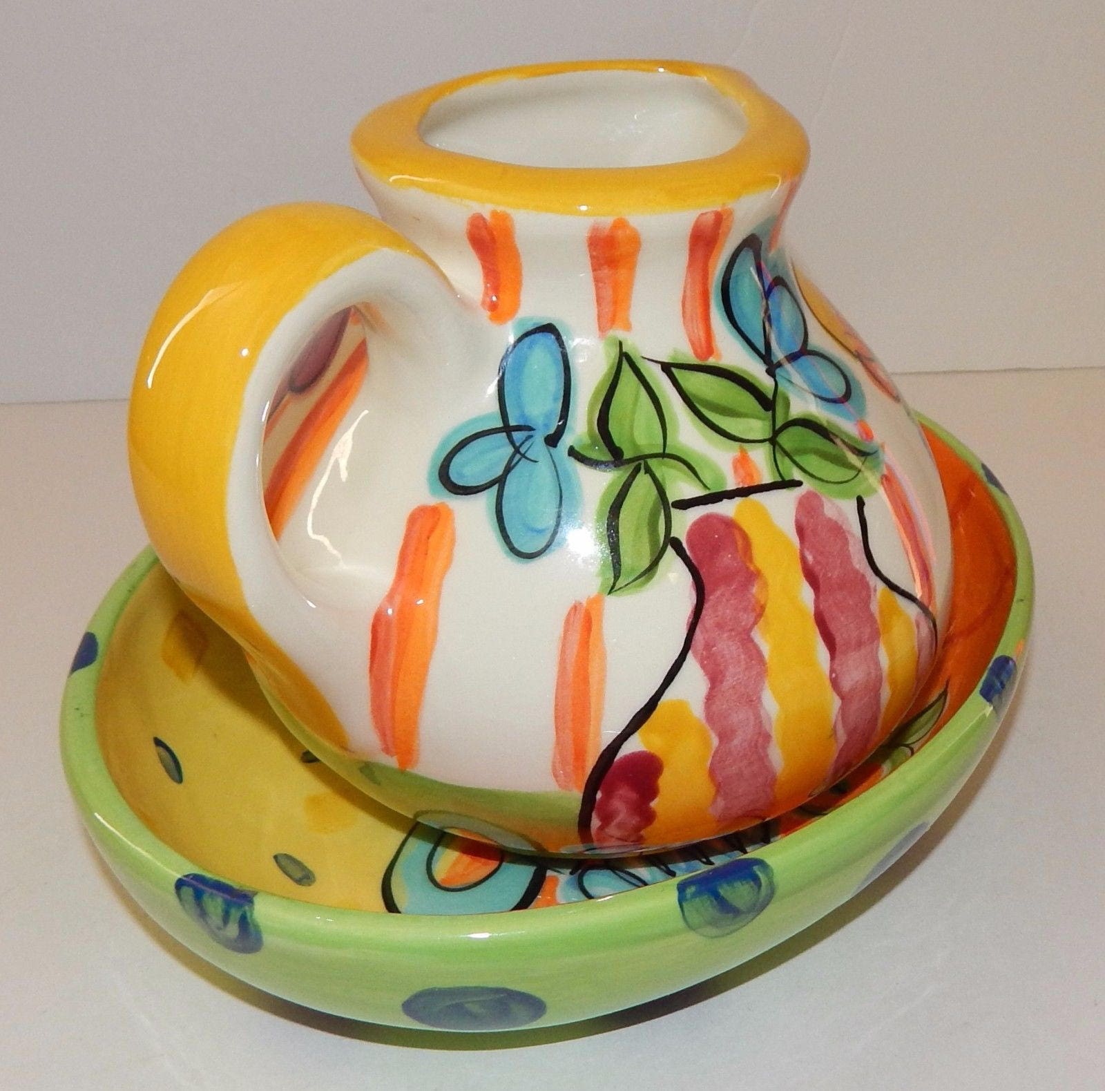 Vicki Carroll Art Pottery 1998 Signed Dated Pitcher and Tray Flower ...