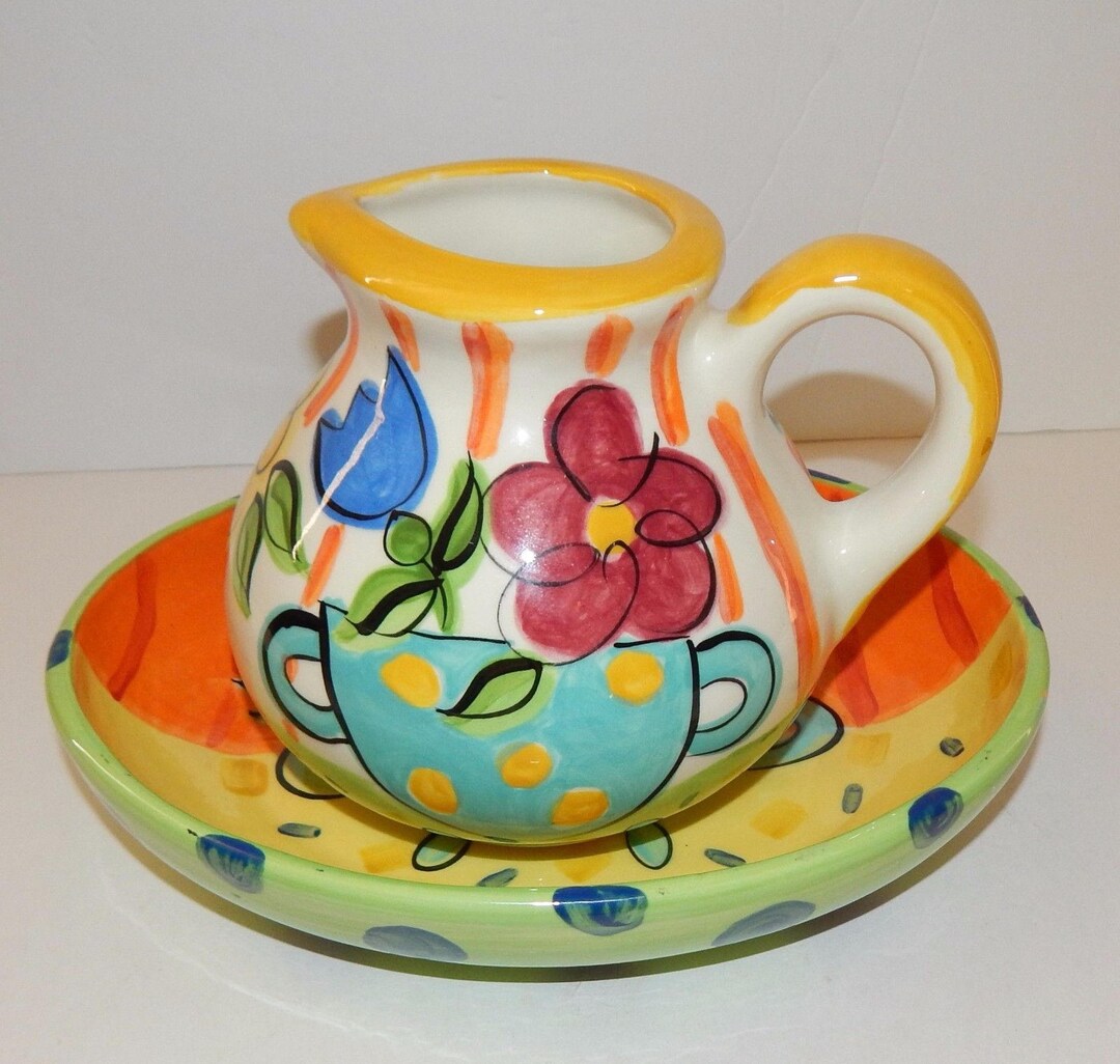 Vicki Carroll Art Pottery 1998 Signed Dated Pitcher and Tray Flower ...