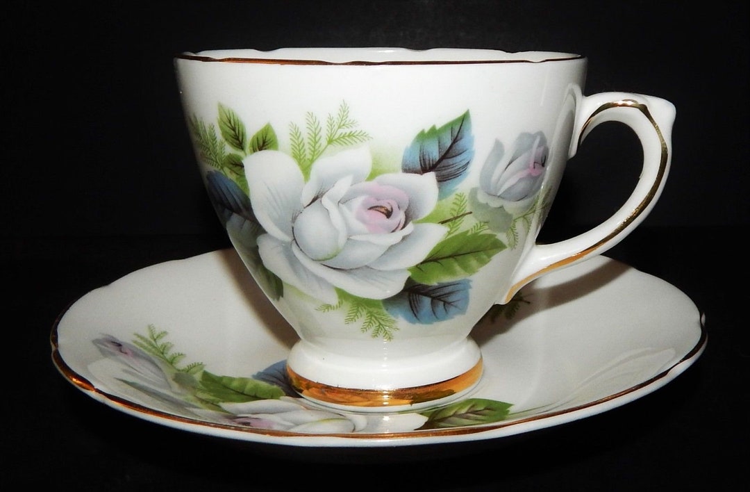Sutherland Fine Bone China White Roses Tea Cup and Saucer Staffordshire ...