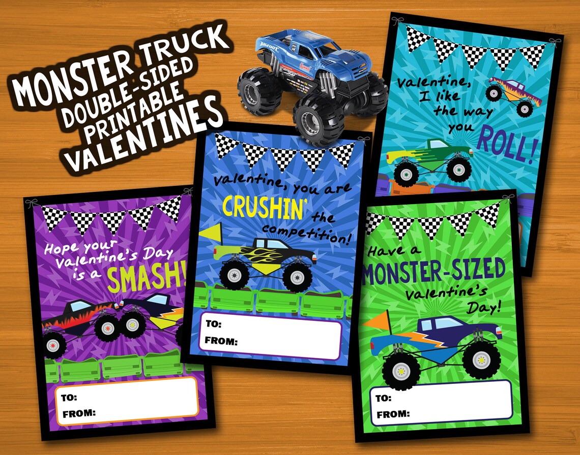 Monster Truck Valentines Printable Double-sided Valentines Instant ...