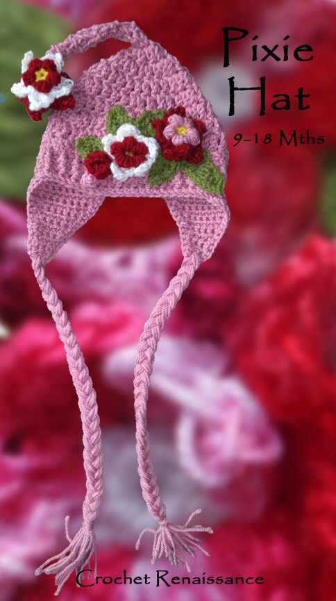 Flower Pixie Hats CROCHET PATTERN. Sizes Newborn, 3-9 Mths, 9-18 Mths ...