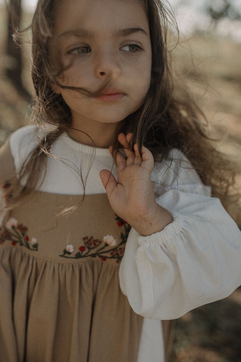 Cottagecore Embroidery Flower Girl Dress Linen Pinafore Dress Toddler Puff Sleeve Linen Apron ...