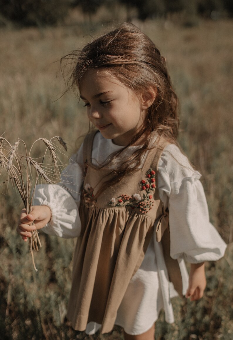 Cottagecore Embroidery Flower Girl Dress Linen Pinafore Dress Toddler Puff Sleeve Linen Apron ...
