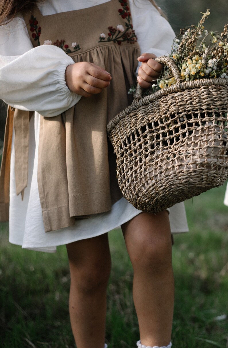 Cottagecore Embroidery Flower Girl Dress Linen Pinafore Dress Toddler Puff Sleeve Linen Apron ...