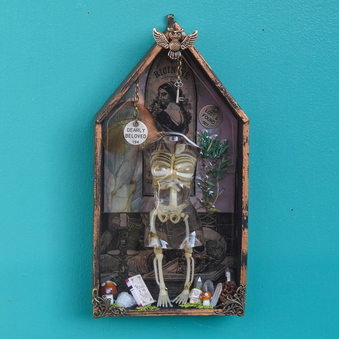 Found Objects Skeleton Figure Vignette Shelf - Collage Art - Vintage ...
