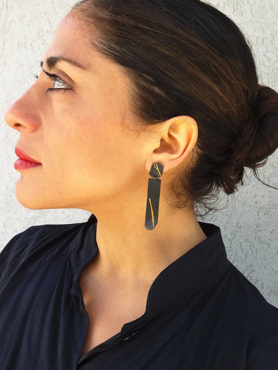 Long black earrings statement earrings geometric earrings | Etsy