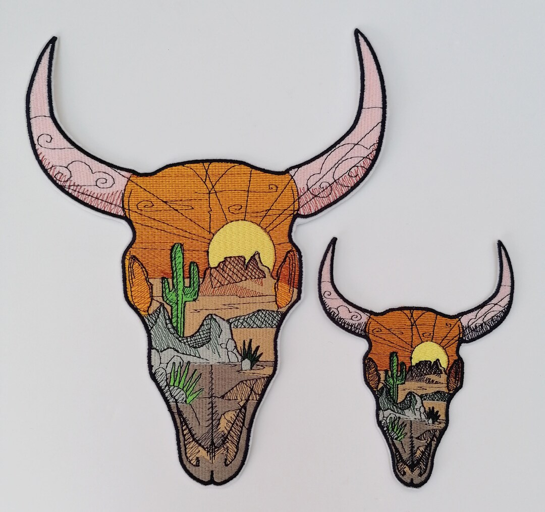 Western Desert Theme Cow Bull Animal Skull Skeleton Iron on Embroidery ...