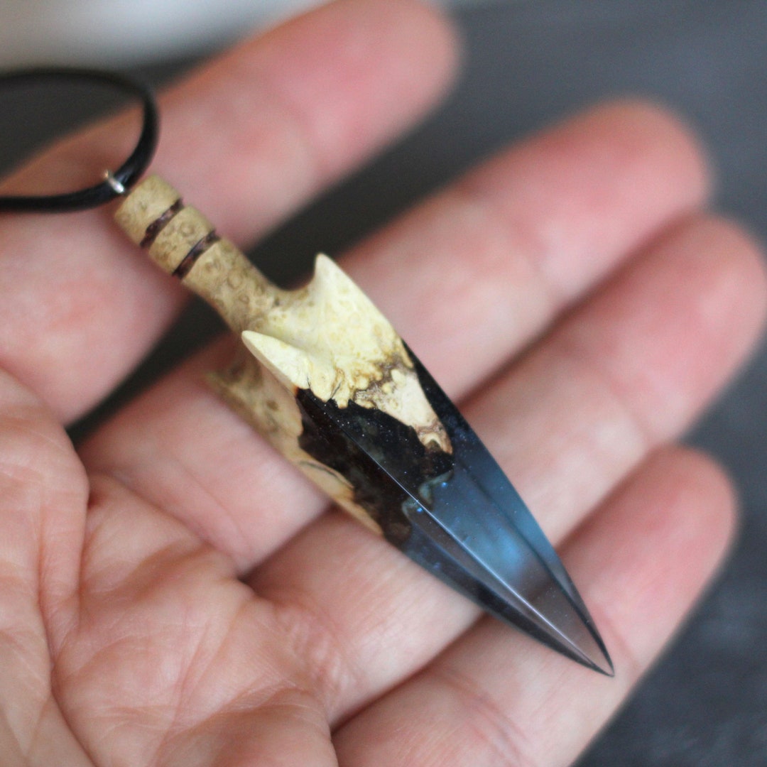 Pendant Crystal Arrowhead. Blue Pendant. Resin Wood Necklace. Wooden ...