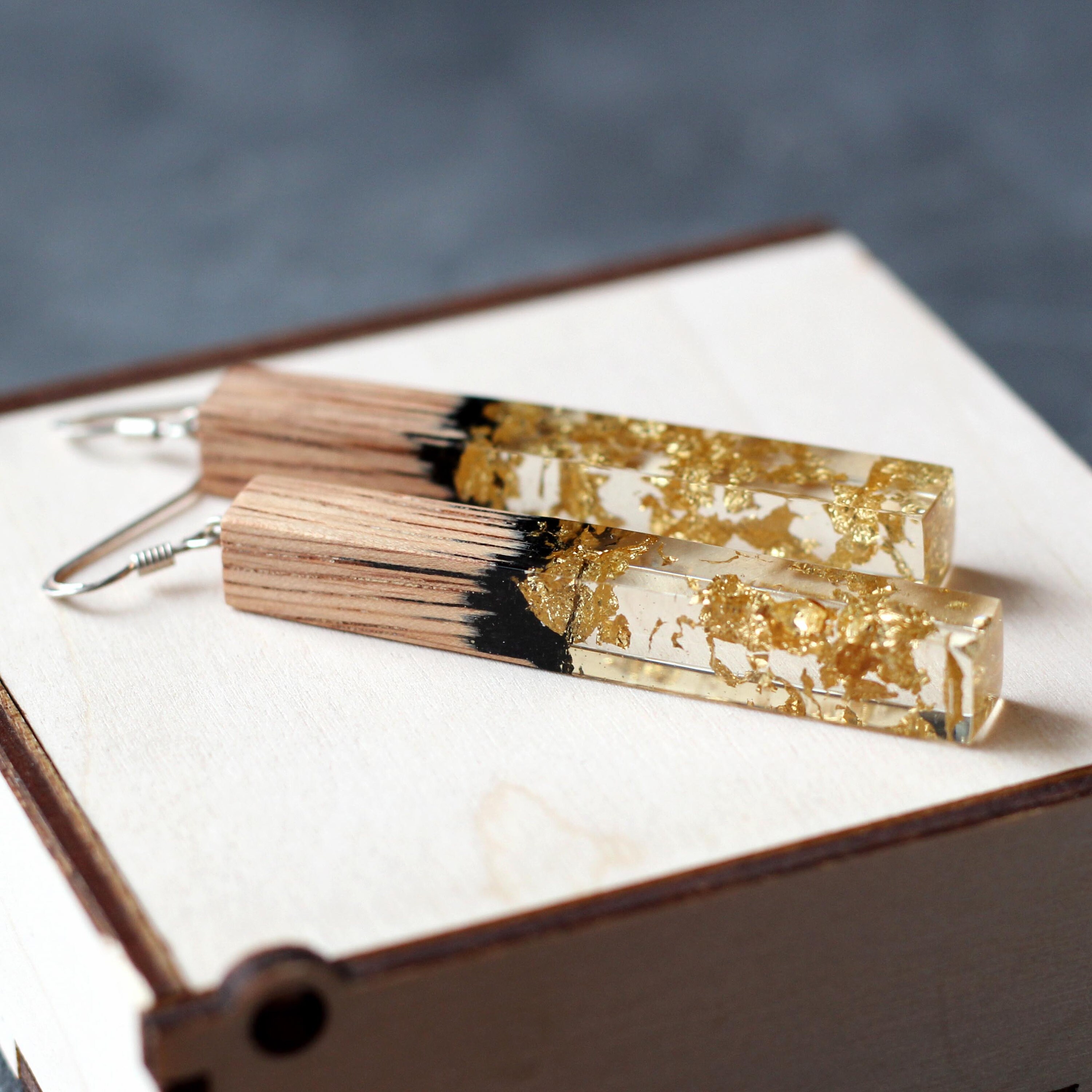 Resin Earrings Gold Earrings Wood Resin Jewelry Women's - Etsy
