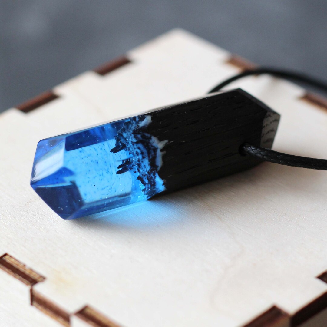 Crystal Resin Pendant Wood Resin Jewelry. Blue Resin Necklace. Wooden ...