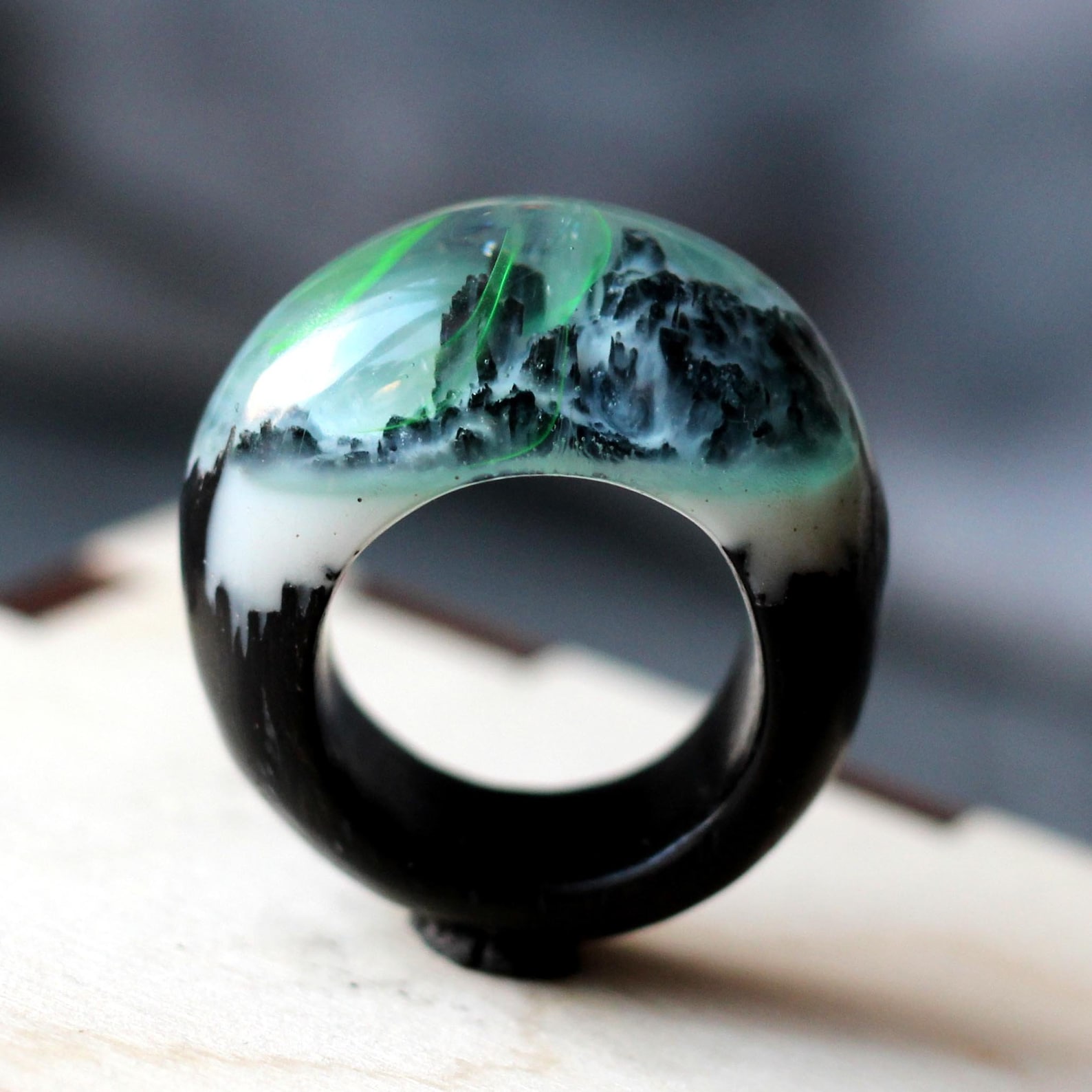 Northern Light Ring Resin Wood Jewelry. Aurora Borealis Ring. Gift for ...