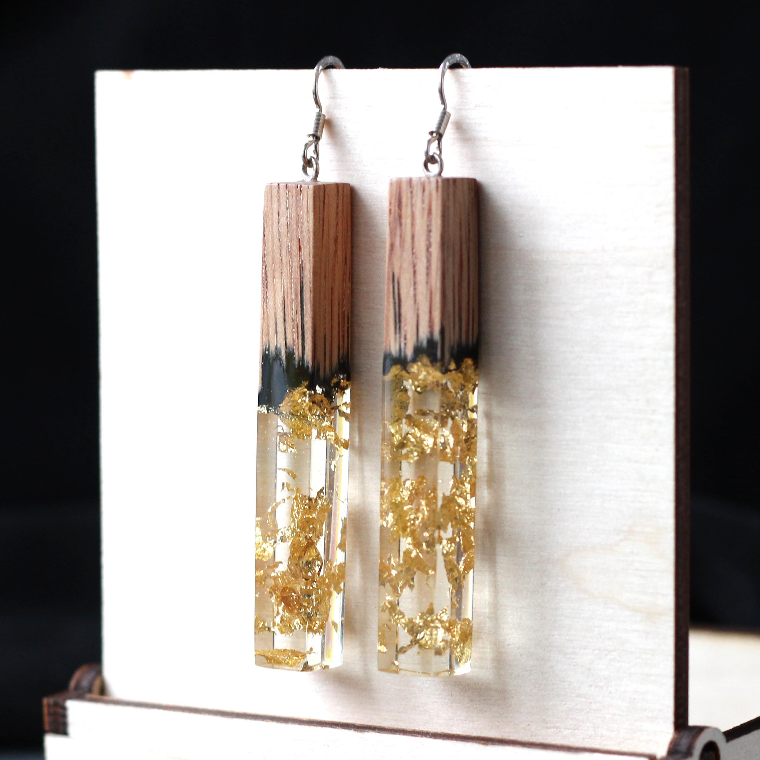 Resin Earrings Gold Earrings Wood Resin Jewelry Women's - Etsy