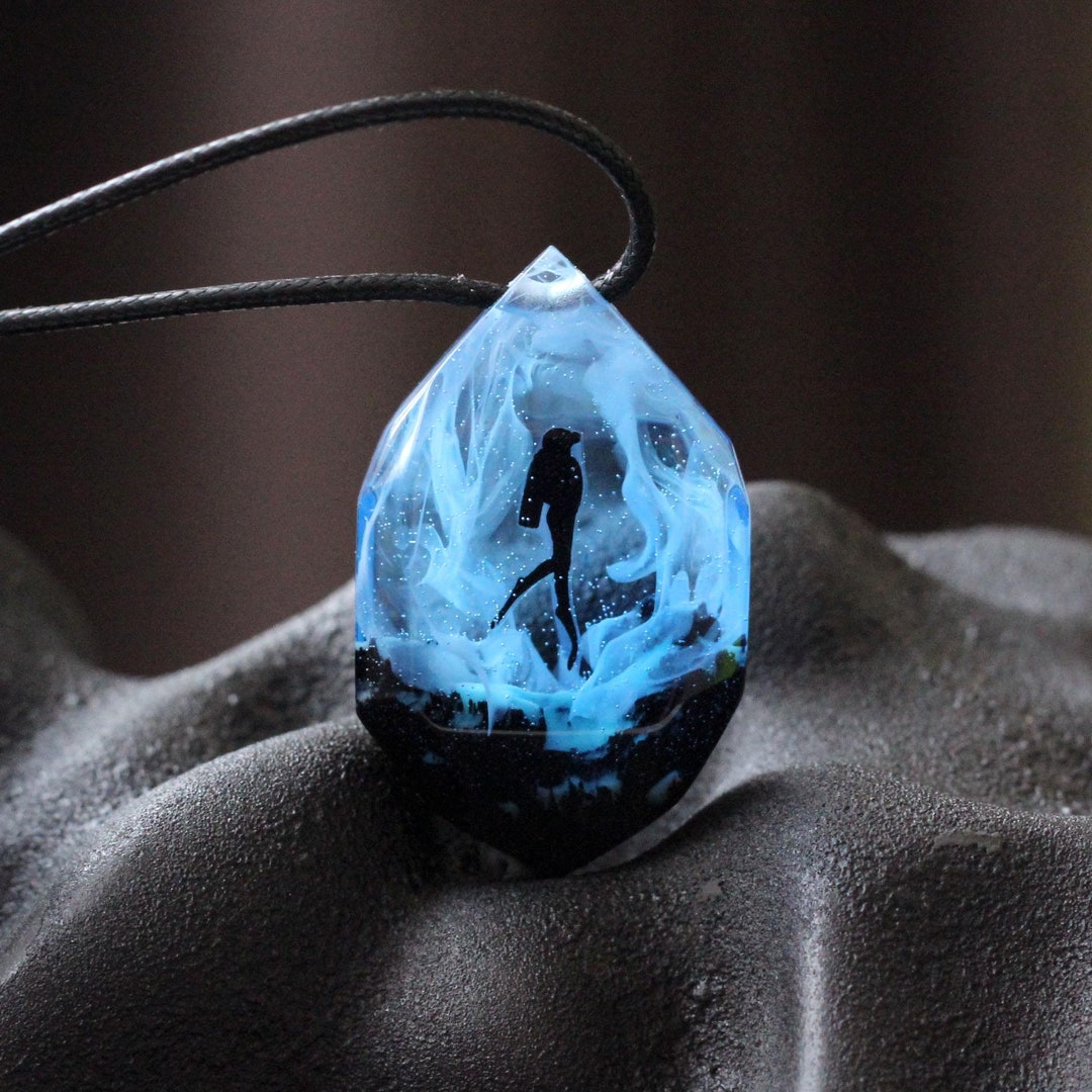 Scuba Diver Necklace Glow in the Dark Pendant Handmade Wood and Resin ...
