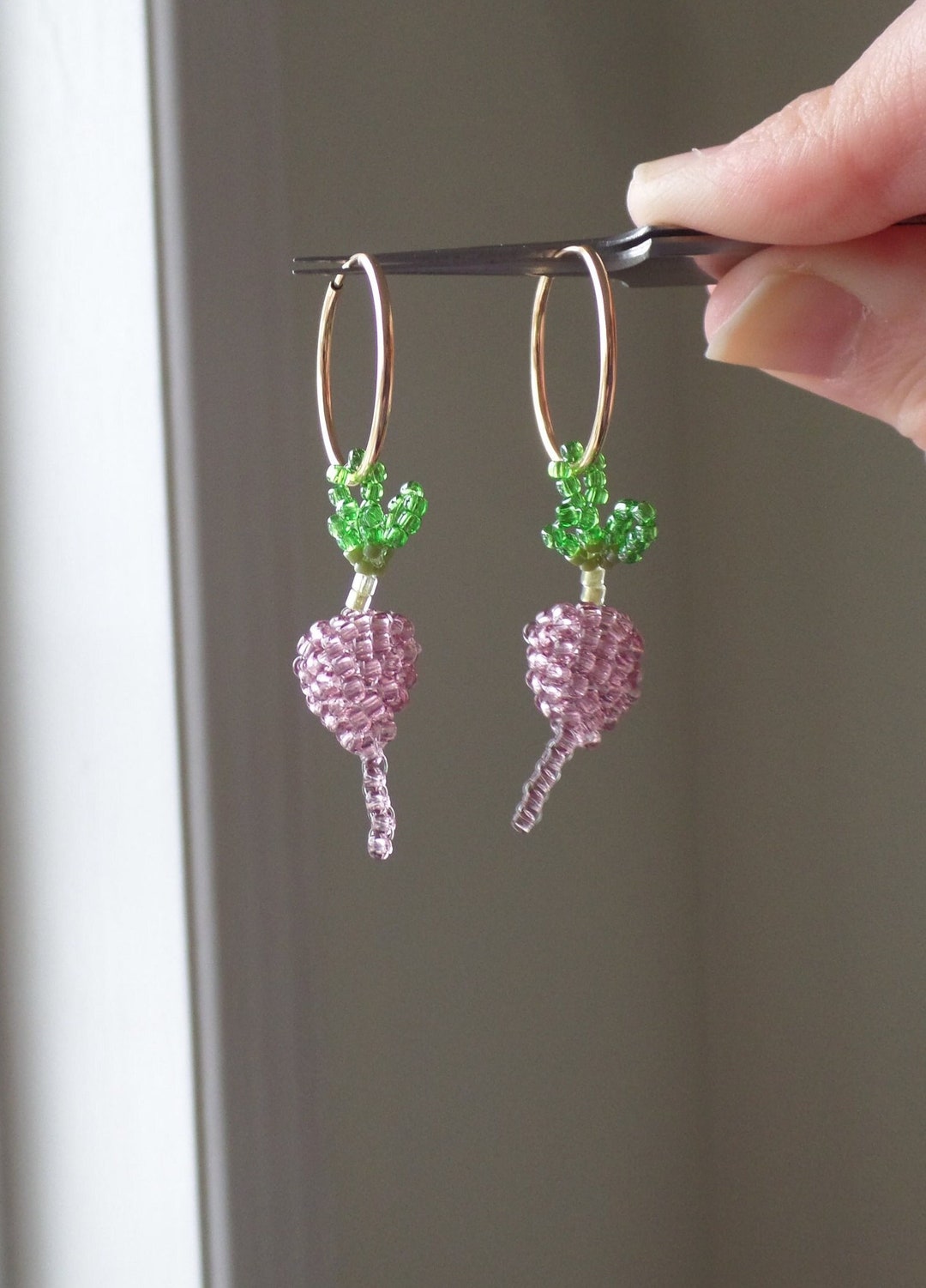Light Amethyst Turnip Statement Earrings, Handwoven Glass Beads, 14k ...