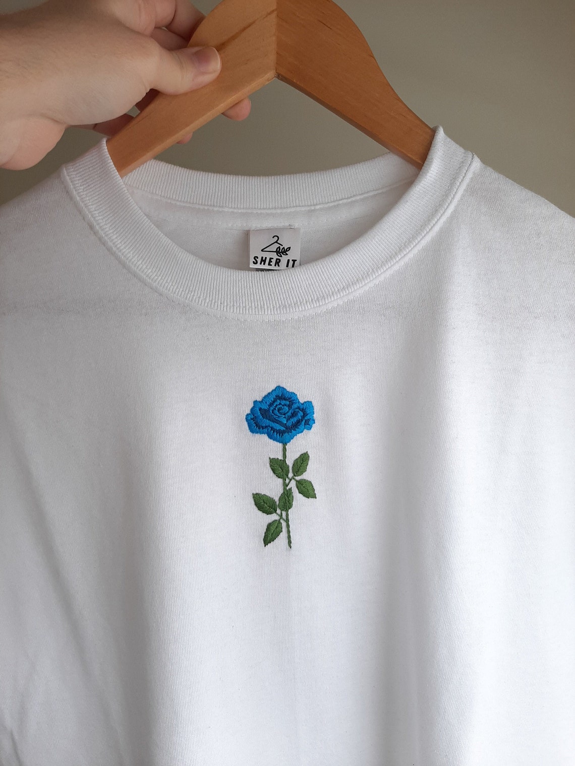 Floral Embroidered Shirt Hand Embroidered Blue Rose on White T-shirt ...