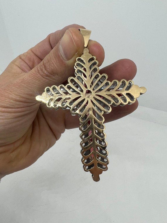 Massive 12k gold diamond cross set with Garnets circa… - Gem
