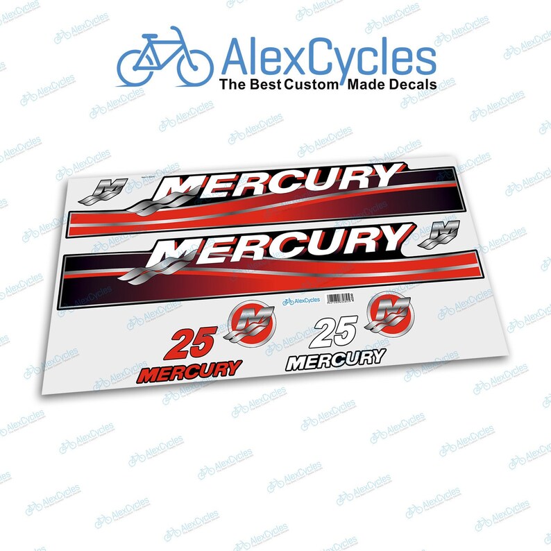 Custom Made Mercury 25 HP Red Outboards Motor Laminated Decals Stickers ...