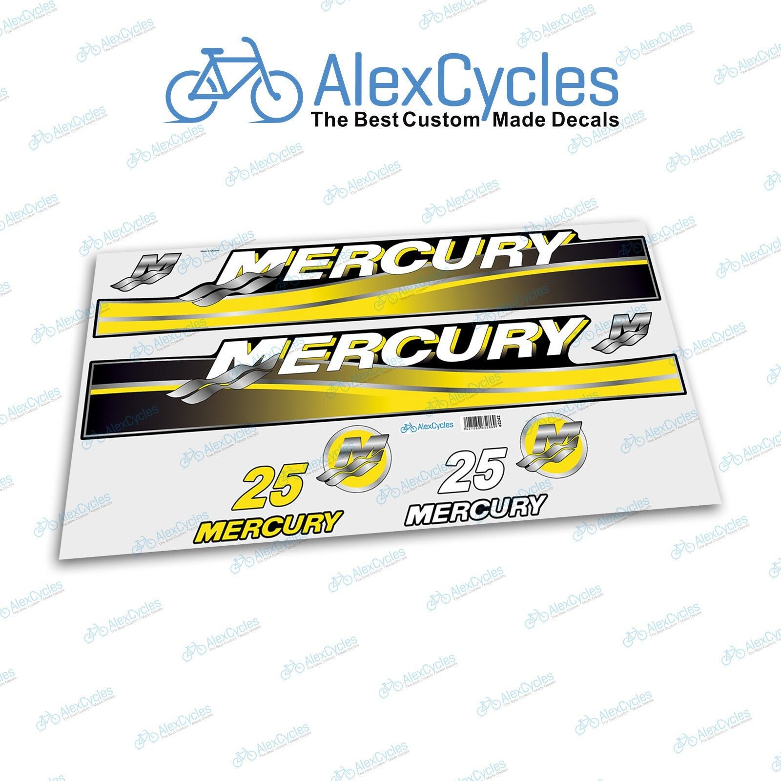 Custom Made Mercury 25 HP Yellow Outboards Motor Laminated Decals ...