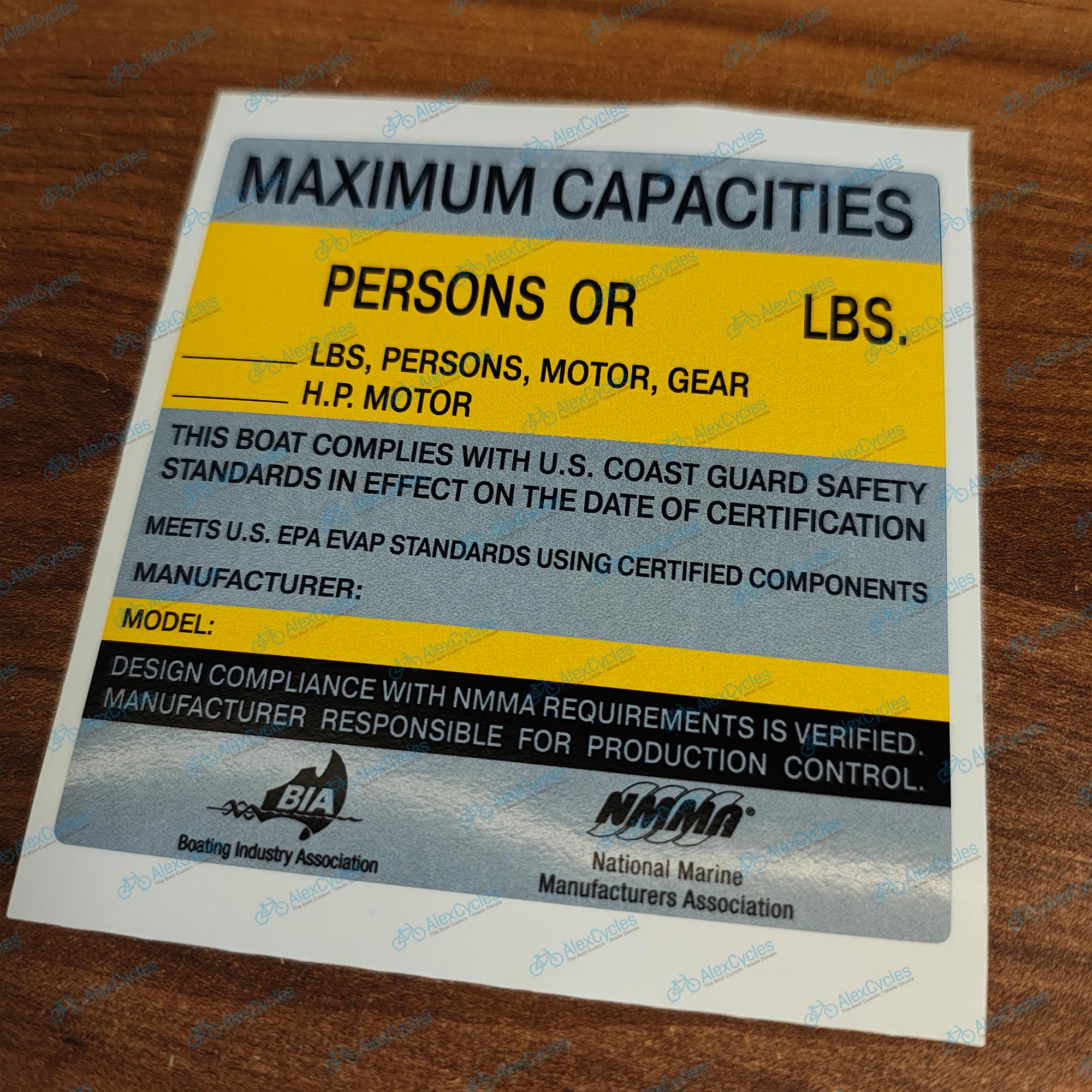 Boat NMMA Capacity Plates Laminated Decals Stickers Marine Grade ...