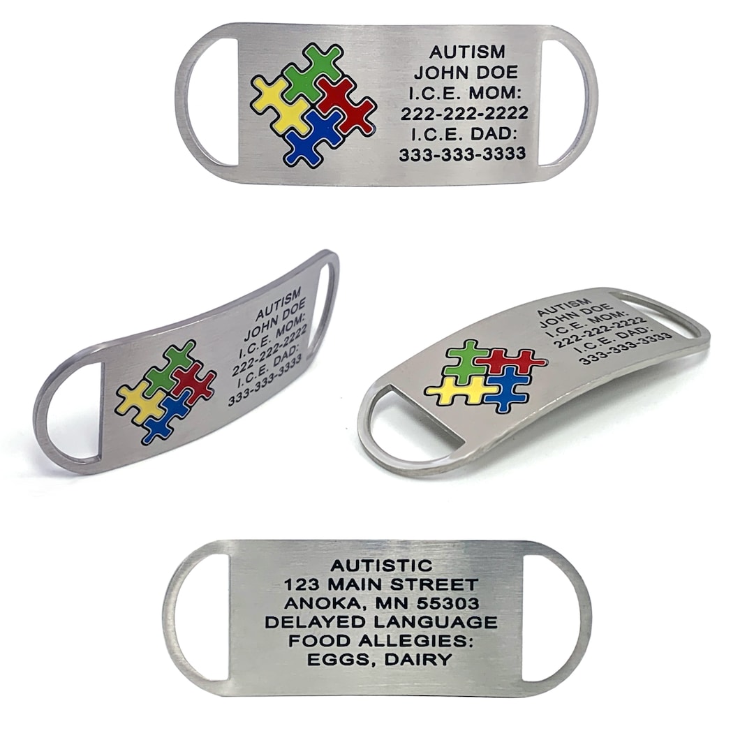 Autism Medical Alert Shoe Tag - Custom Stainless Steel ID, Personalized ...